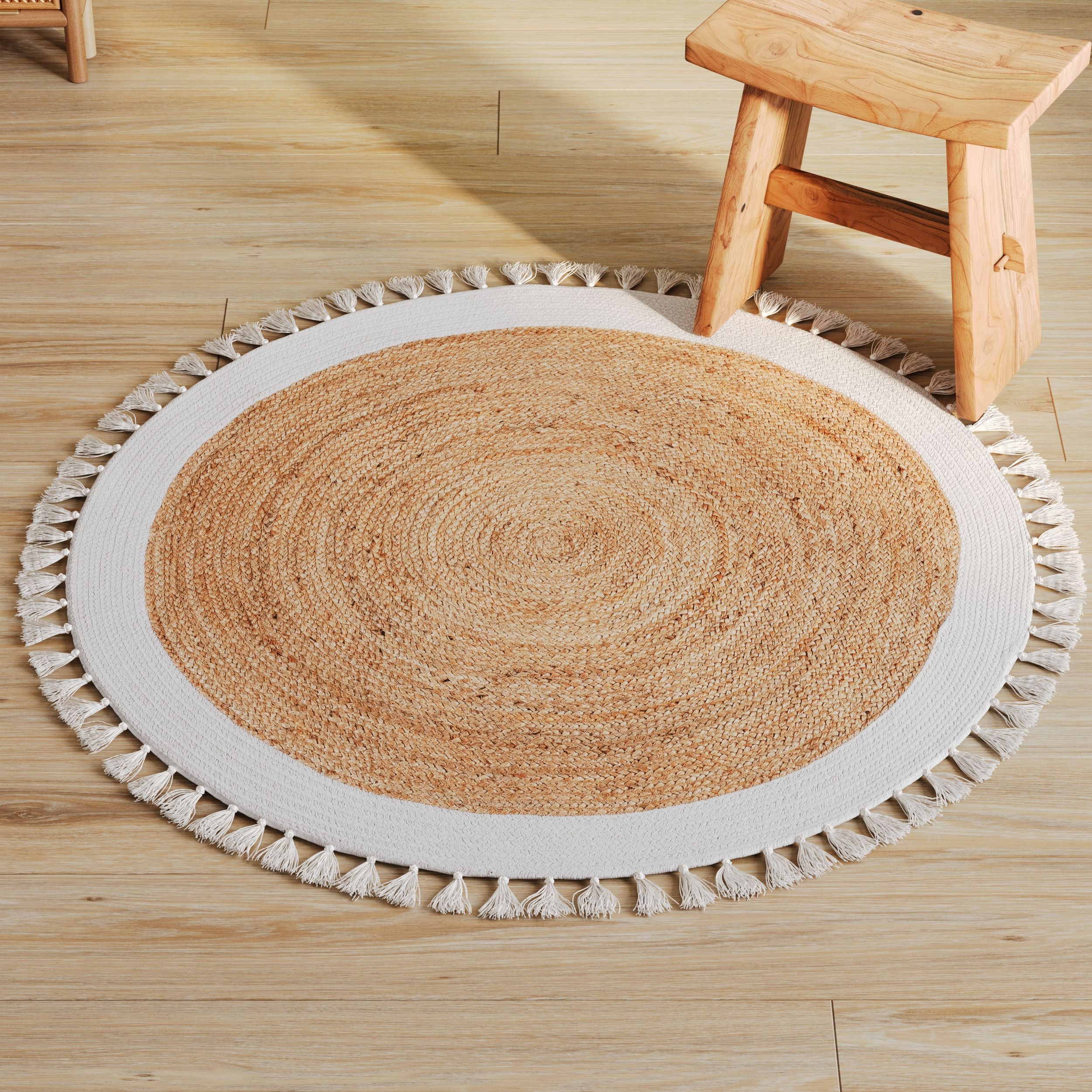 Tapis rond Anais en jute naturel frange blanche D120 cm